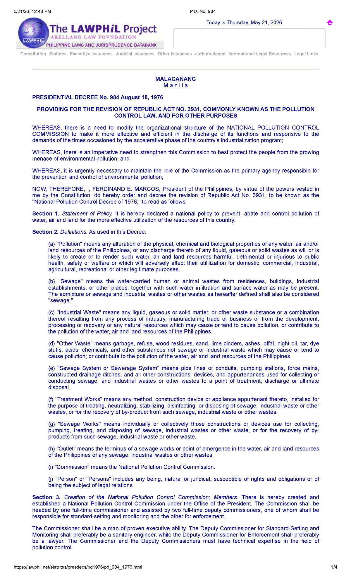 P.D. No. 984: Revision of the Pollution Control Law - Studocu