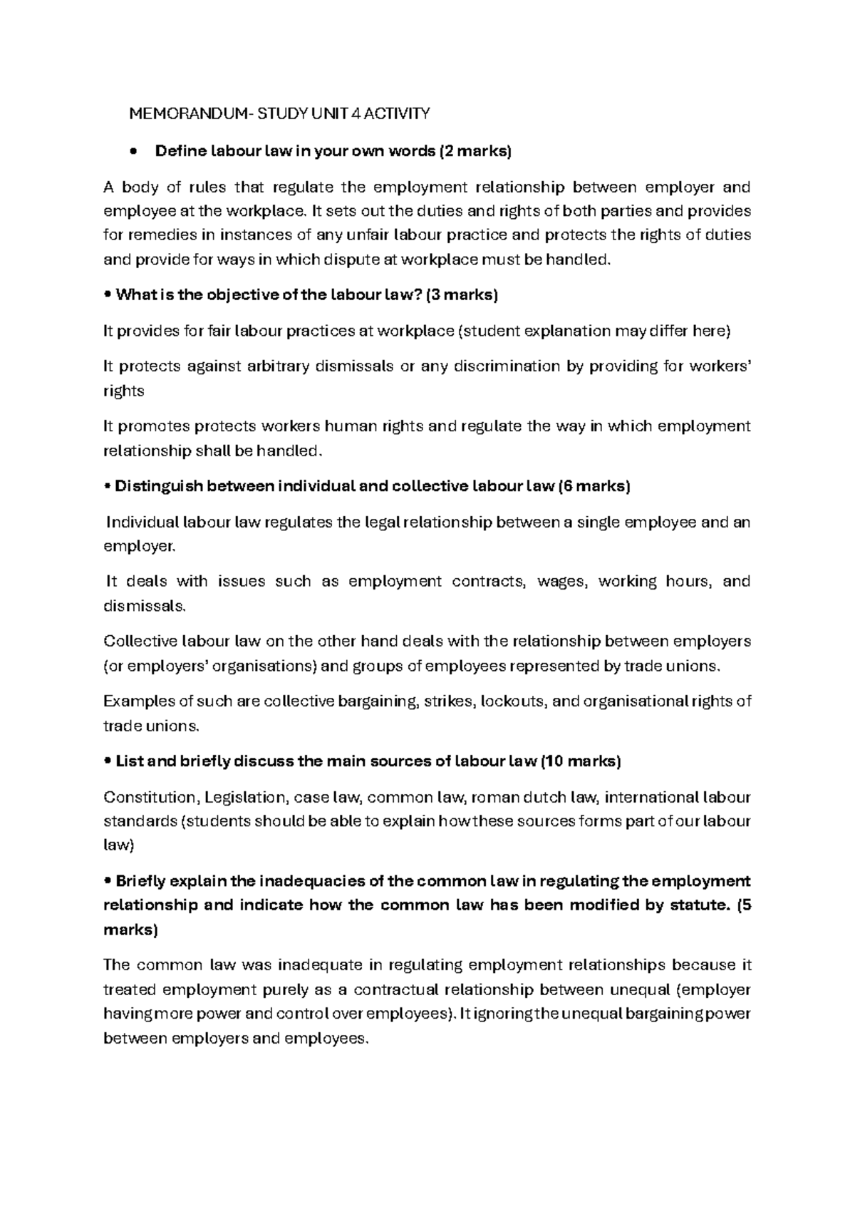 Memorandum Study UNIT 4: Understanding Labour Law Concepts - Studocu