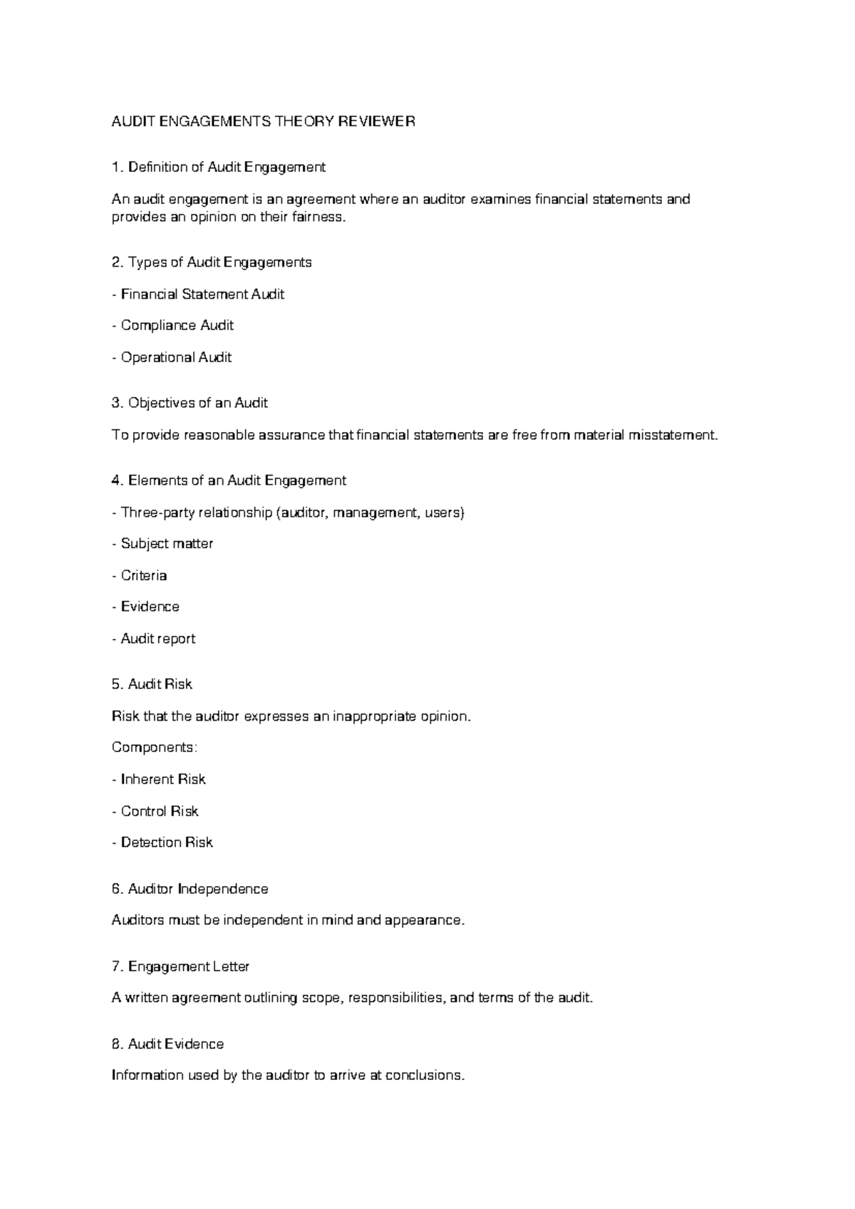 AUDIT ENGAGEMENTS THEORY REVIEWER: KEY CONCEPTS & DEFINITIONS - Studocu