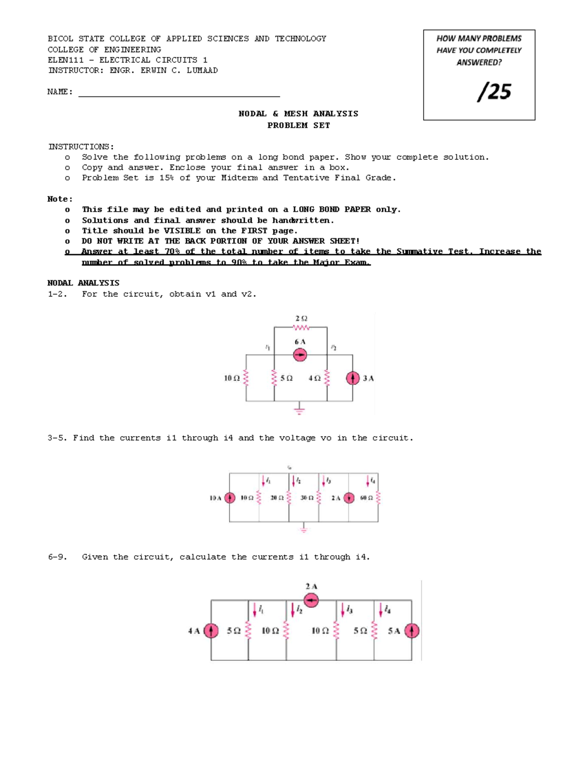 Midterm Problem Set 2: Nodal & Mesh Analysis (ENGR 101) - Studocu