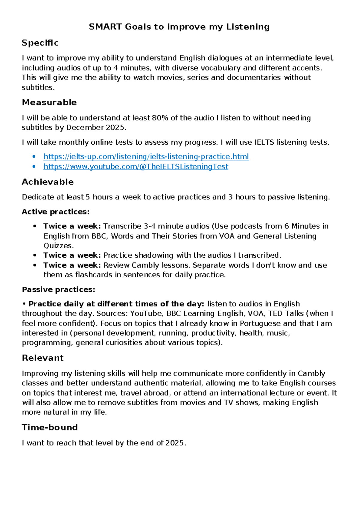 SMART Goals for Enhancing English Listening Skills by Dec 2025 - Studocu