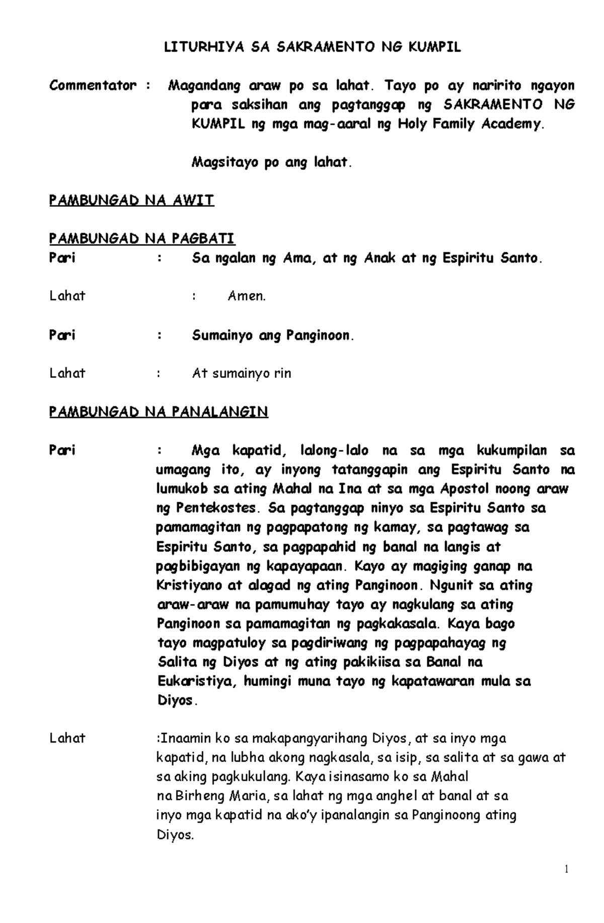 Sakramento ng Kumpil: Pagsasaayos at Pagpapahayag ng Seremonya - Studocu