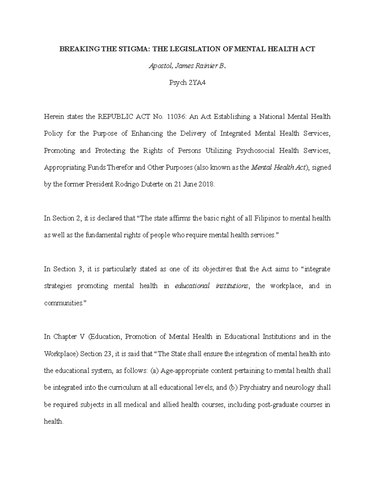 Breaking the Stigma: Insights on RA 11036 - Mental Health Act - Studocu