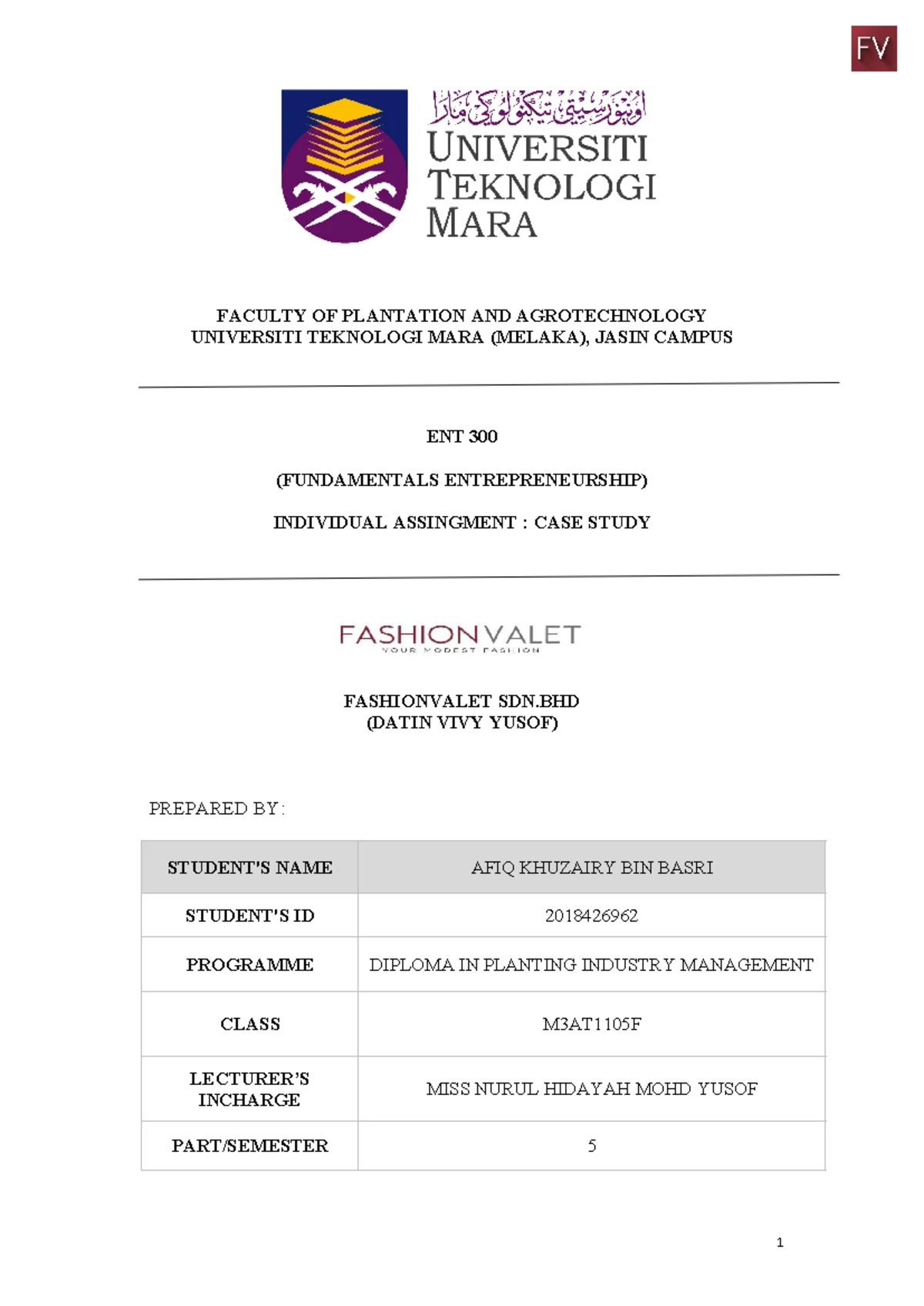 Assignment ENT300 UITM Final Project Business Plan - FACULTY OF HOTEL ...