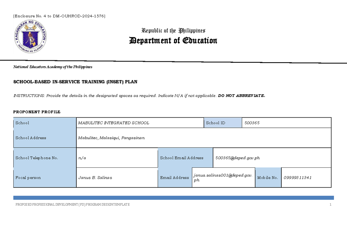 School-Based INSET Plan (DM-OUHROD-2024-1576) for Teacher Development ...