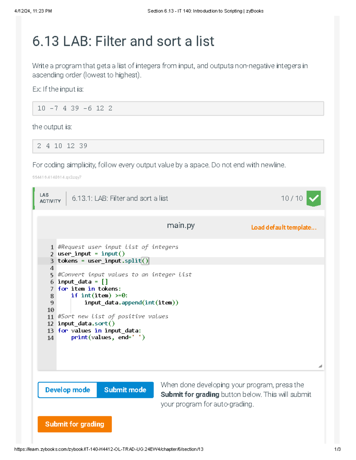IT 140 Section 6.13 Lab: Filter and Sort Non-Negative Integers - Studocu