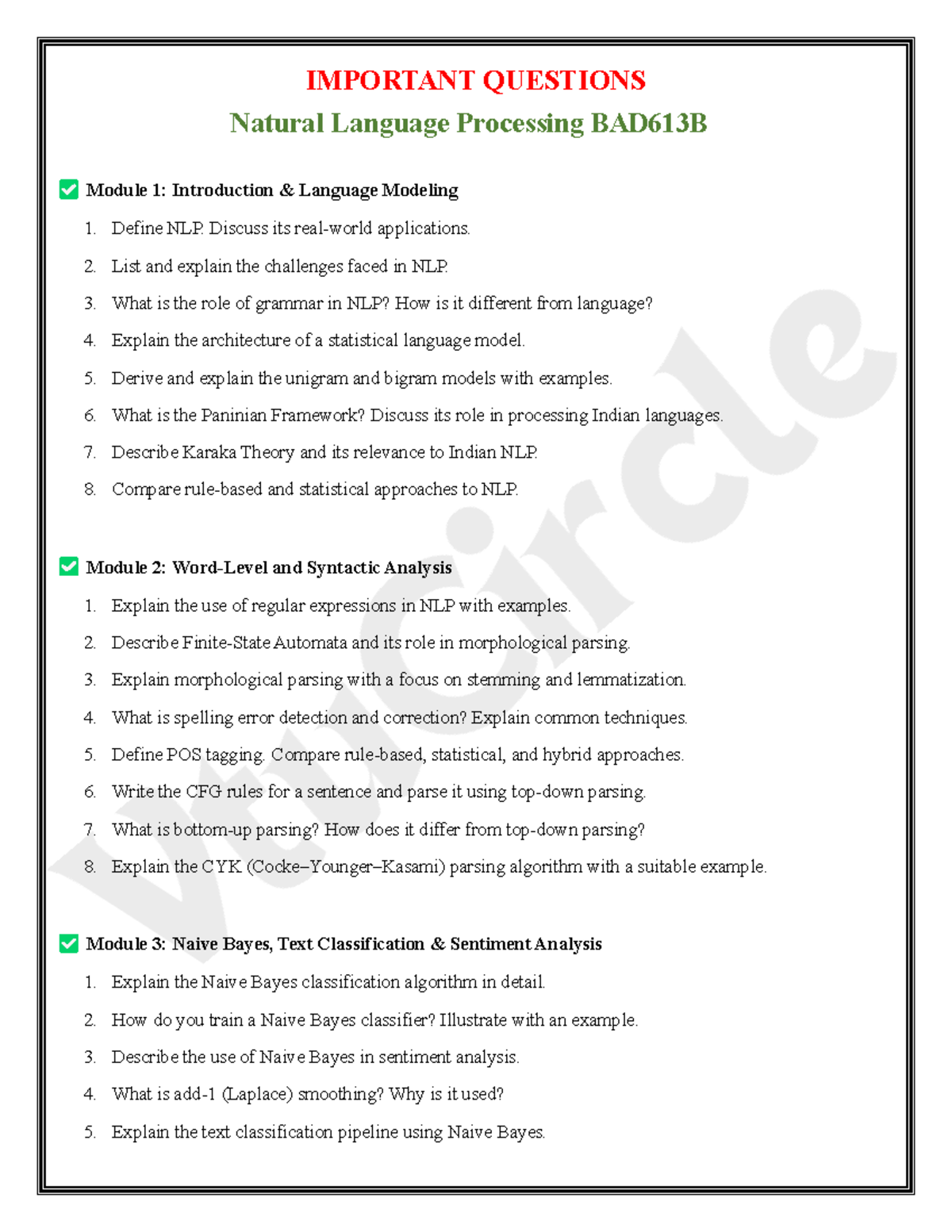 BAD613B Important Questions: NLP Overview & Key Concepts - Studocu