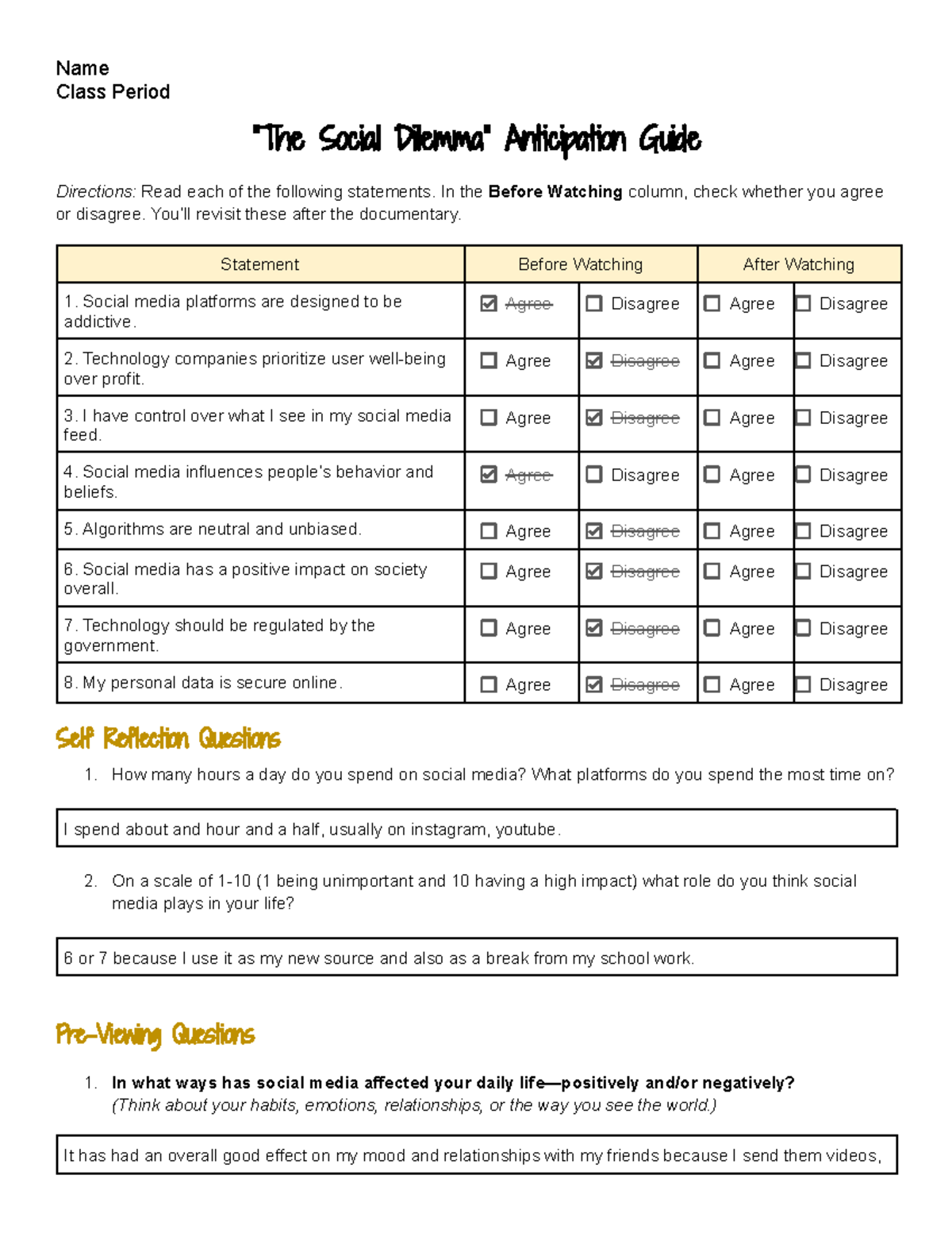 SOC 101: The Social Dilemma Anticipation Guide & Reflection - Studocu