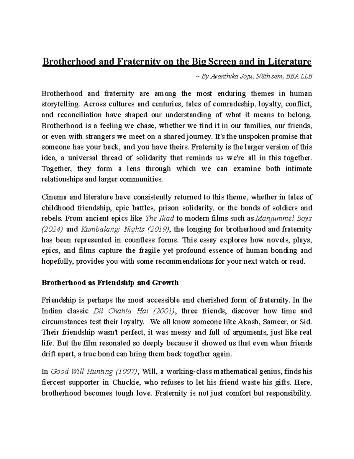 BBA LLB Essay: Brotherhood & Fraternity in Cinema & Literature - Studocu