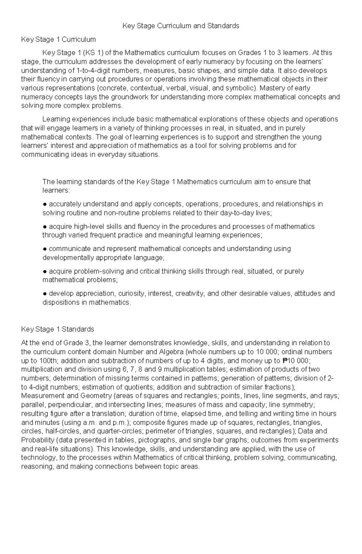 Key Stage 1 Mathematics Curriculum Overview and Standards - Studocu