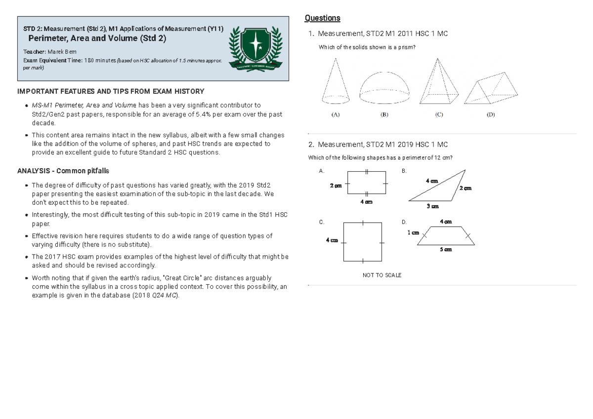 Perimeter, Area, and Volume Exam Analysis - Measurement STD 2 M1 - Studocu