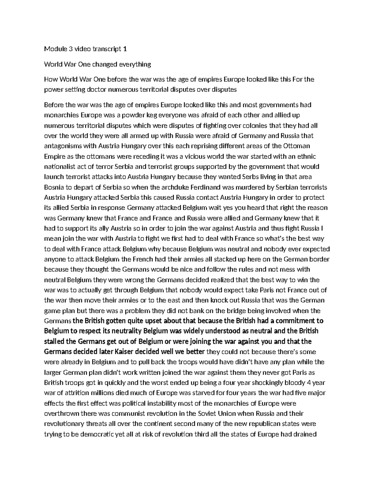 Module 3 Transcript: The Impact of World War I on Global Order - Studocu
