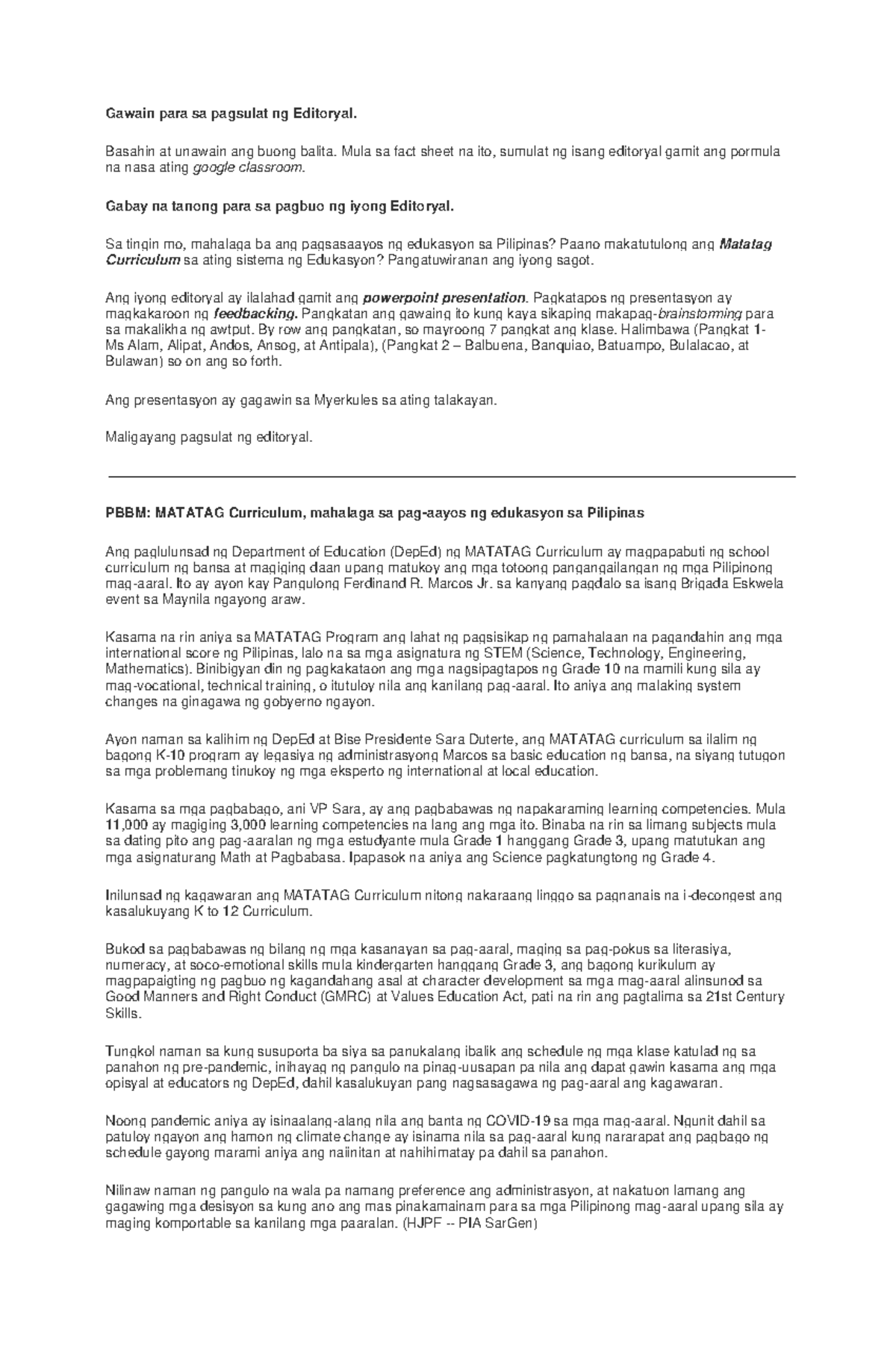Gawain sa Pagsulat ng Editoryal: MATATAG Curriculum sa Edukasyon - Studocu