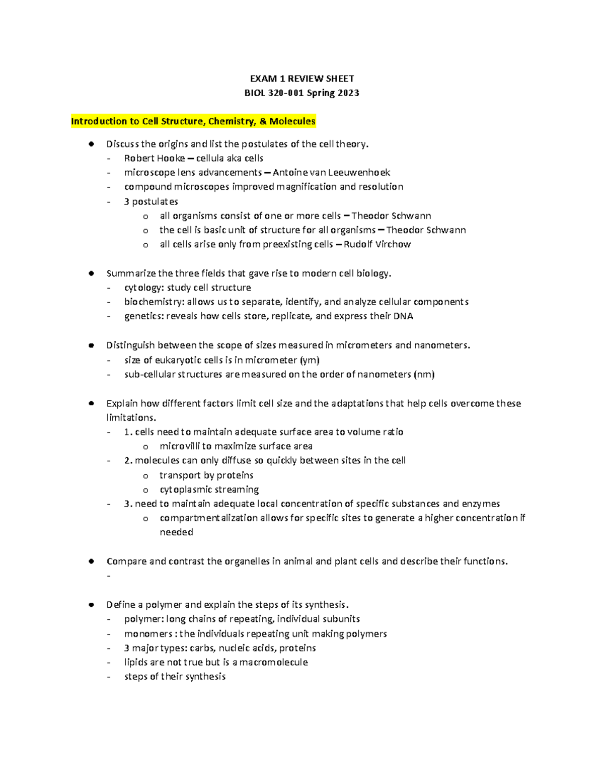 Cell bio exam 1 review sheet-1-9 - EXAM 1 REVIEW SHEET BIOL 320-001 ...