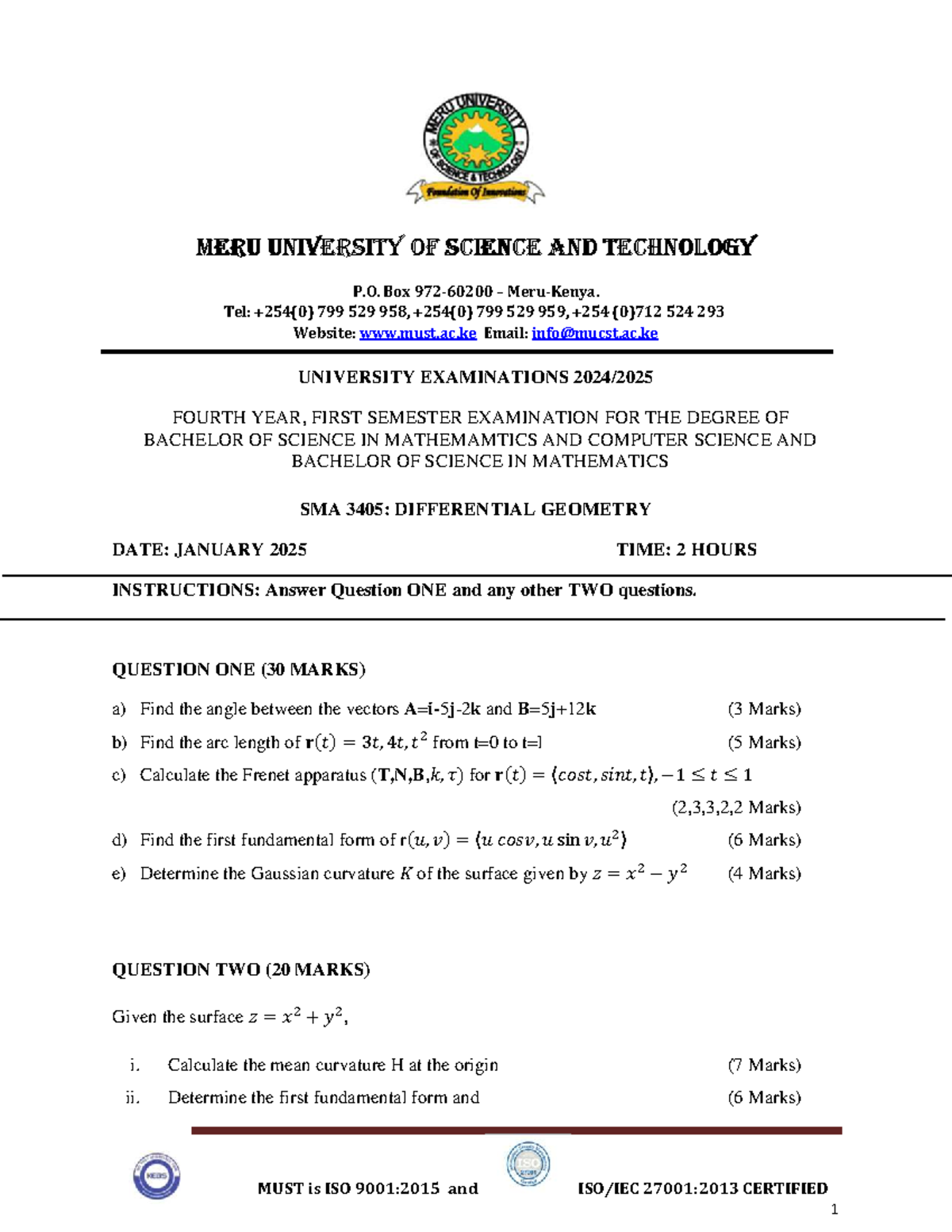 SMA 3405: Differential Geometry Exam Notes - Jan 2025 - Studocu