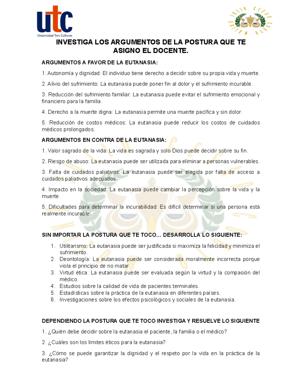 Eutanasia - adawdawd - INVESTIGA LOS ARGUMENTOS DE LA POSTURA QUE TE ...