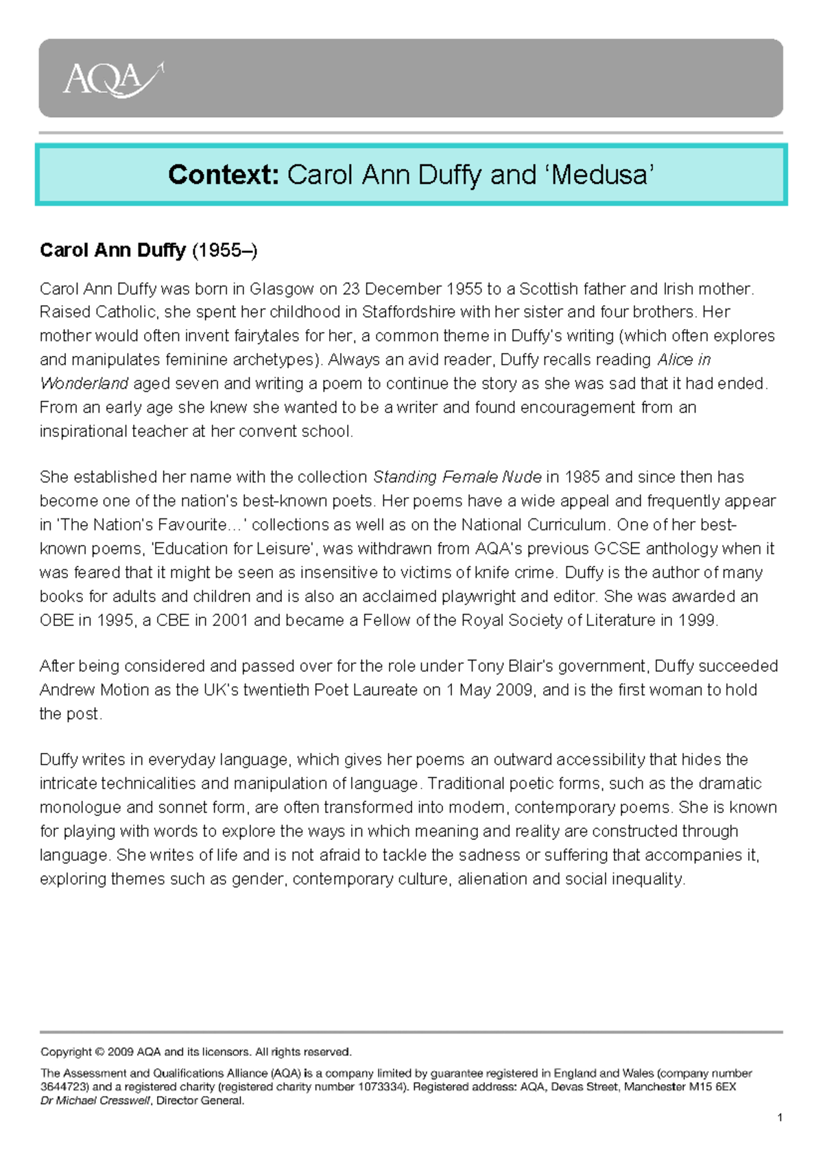 Medusa & Context: An Analysis of Carol Ann Duffy's Poetic Themes - Studocu
