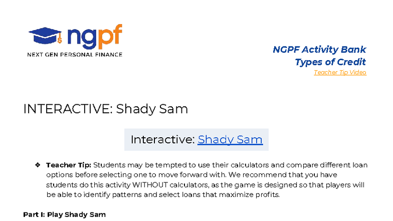 NGPF Activity: Interactive Shady Sam Game and Reflection Guide - Studocu