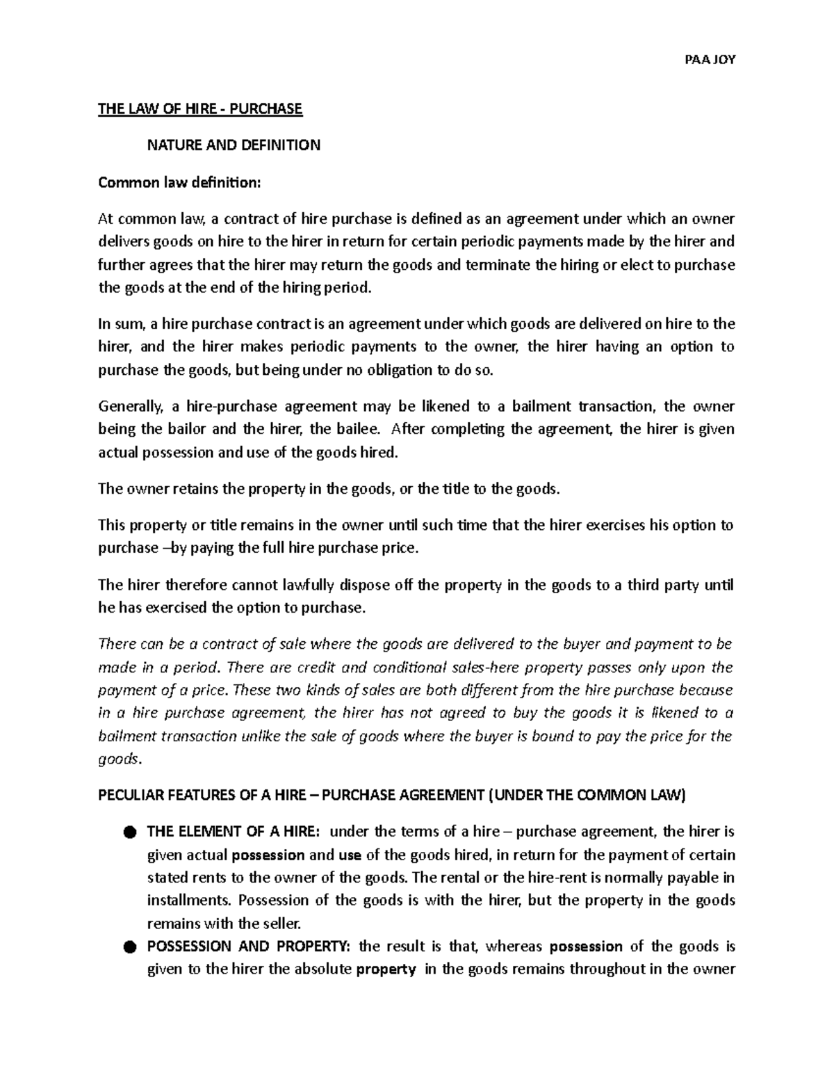 THE LAW OF HIRE PURCHASE: Lecture Notes for PAA JOY - Studocu