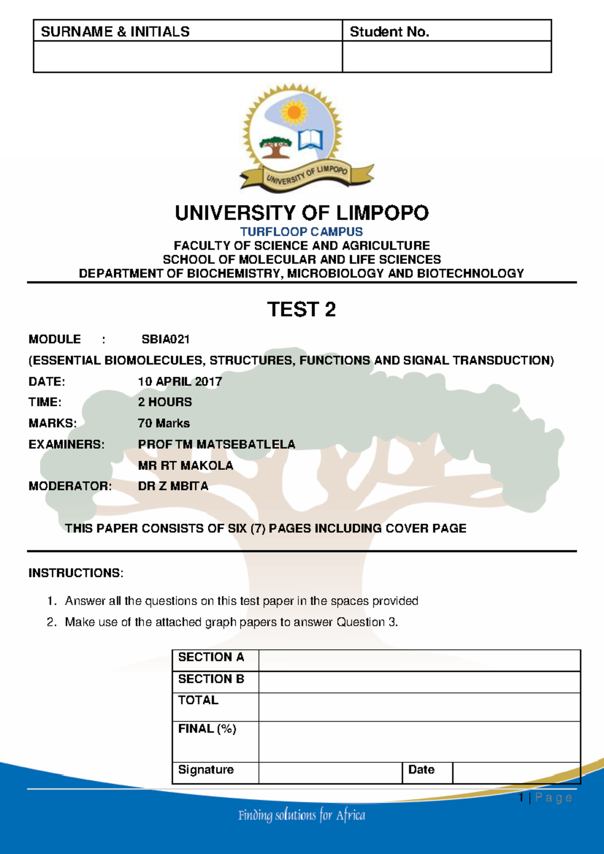TEST 2 10 April 2017 - UNIVERSITY OF LIMPOPO TURFLOOP CAMPUS FACULTY OF ...