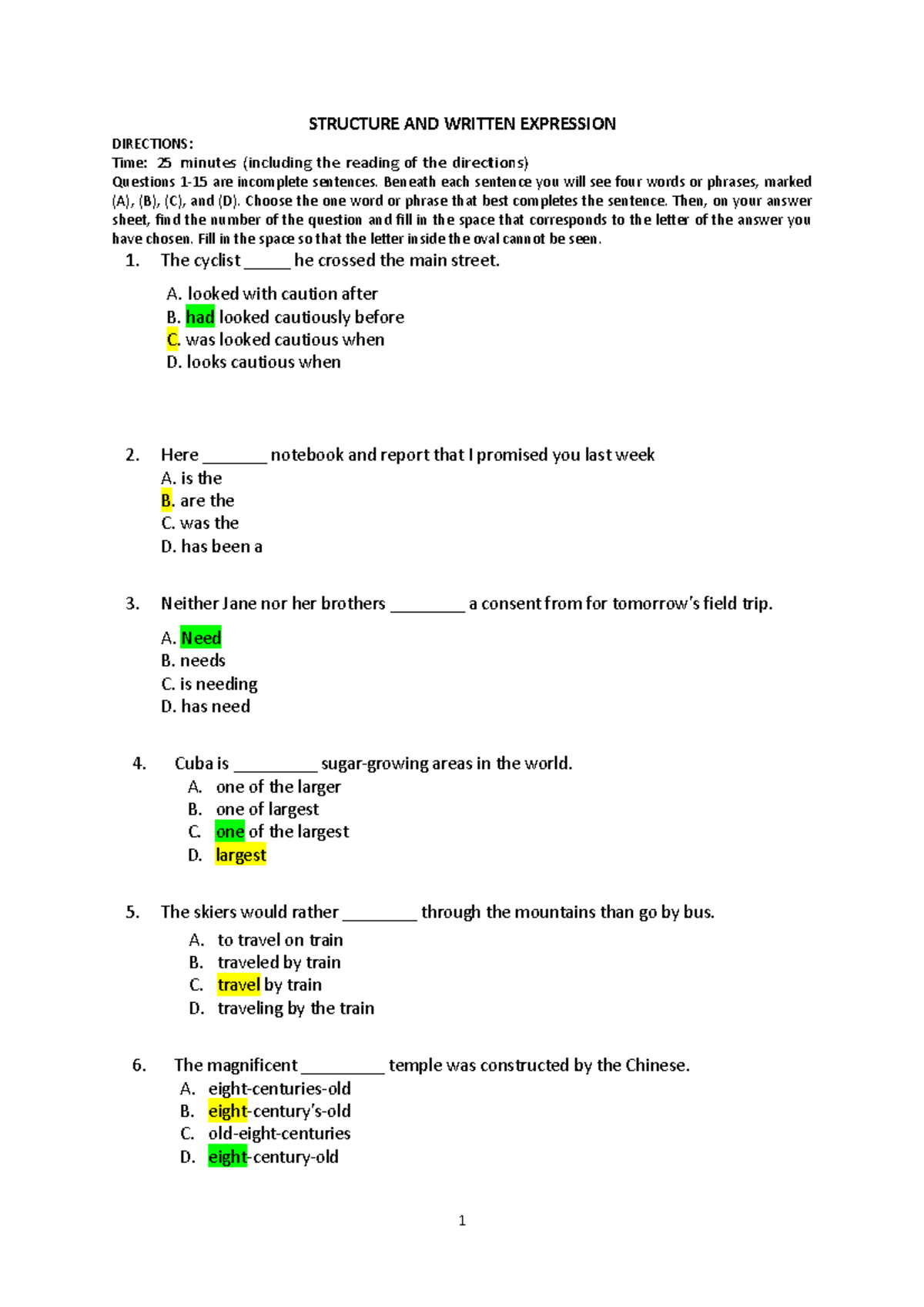 Toefl Structure Practice Test - Questions 1-40 - Studocu