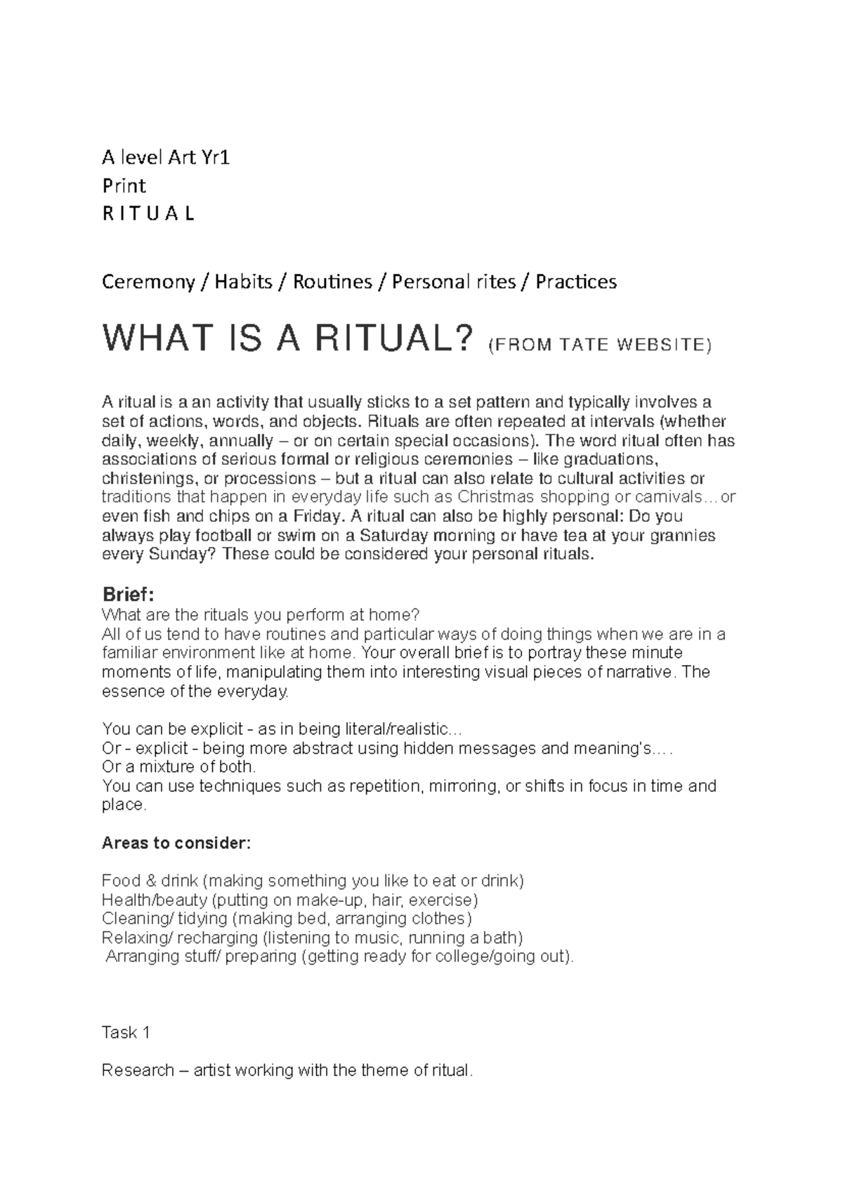 A Level Fine Art Yr1 T2 Print: Exploring Rituals in Daily Life - Studocu