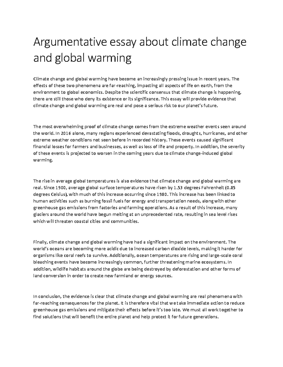 Argumentative Essay on Climate Change & Global Warming (ENG 101) - Studocu