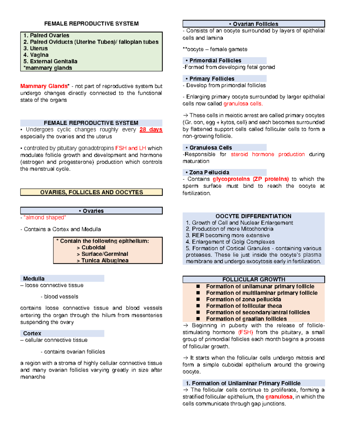 Histology - Female Reproductive System Overview and Key Concepts - Studocu