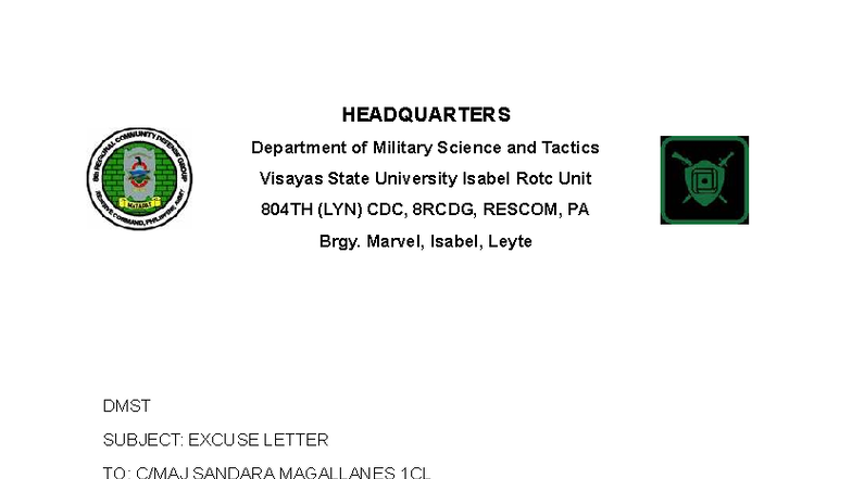 Excuse Letter Format for ROTC Cdt PvT John Colon (4CL) - Studocu