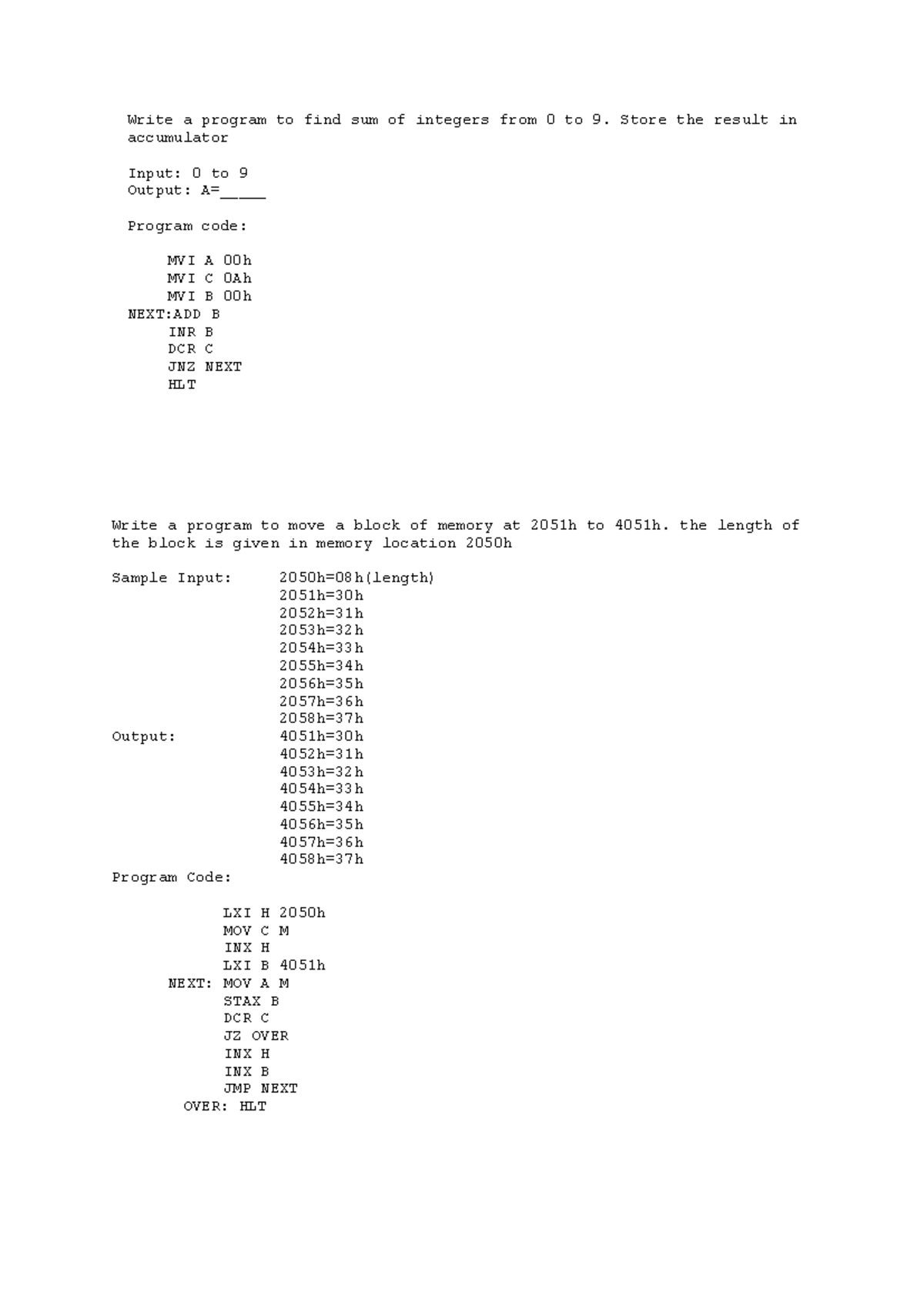 COA 101: Programs for Sum of Integers & Memory Block Transfer - Studocu