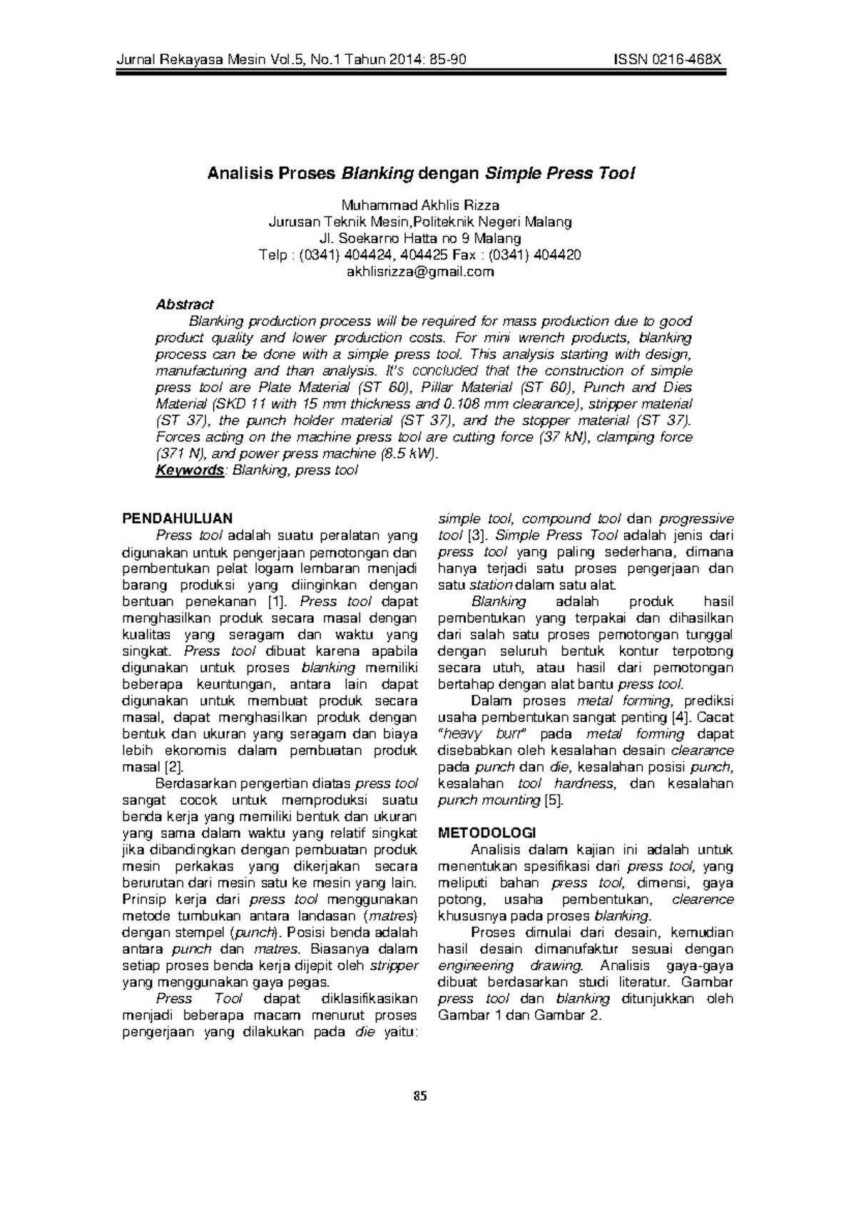 Analisis Blanking dengan Simple Press Tool - Teknik Metalurgi - Studocu