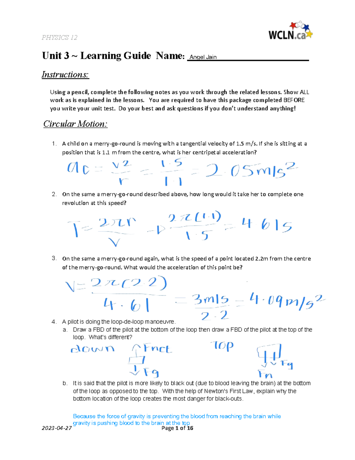 PHYSICS 12 Unit 3 Learning Guide: Circular Motion Concepts - Studocu