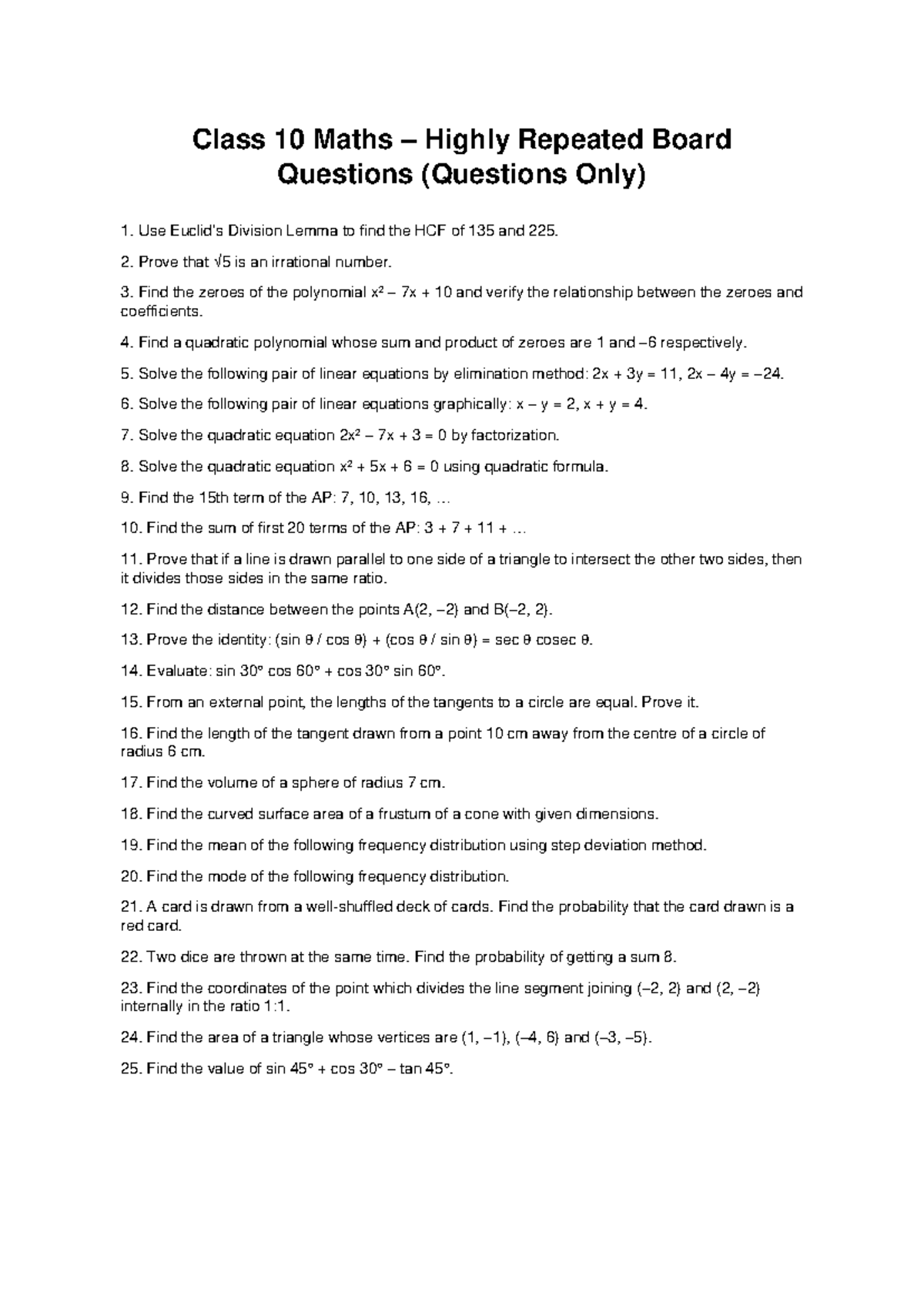 Class 10 Maths Final Exam: Highly Repeated Questions Only - Studocu