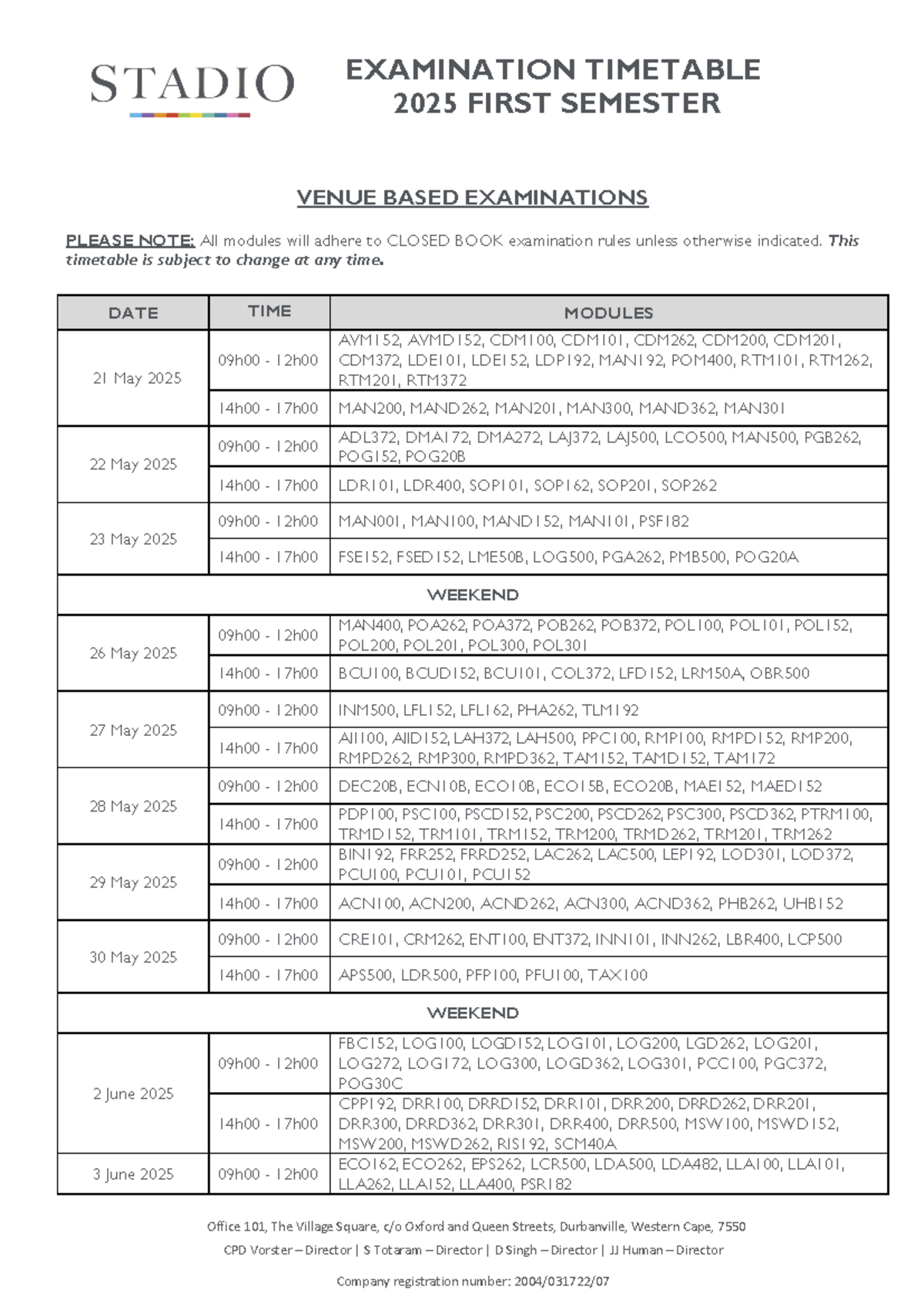EXAM TIMETABLE 2025 FIRST SEMESTER VENUE BASED EXAMS - Studocu