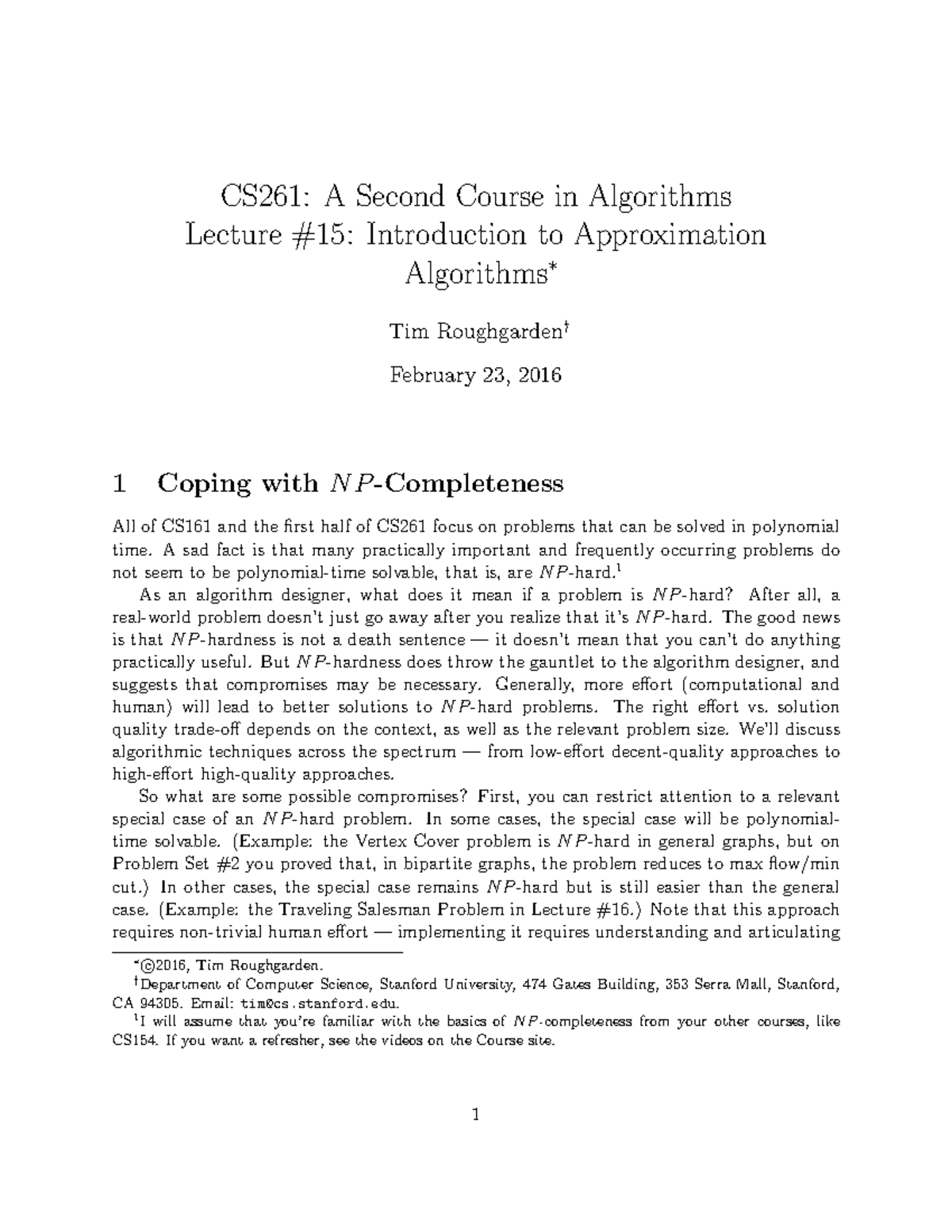 CS261: Lecture on Approximation Algorithms and NP Problems - Studocu