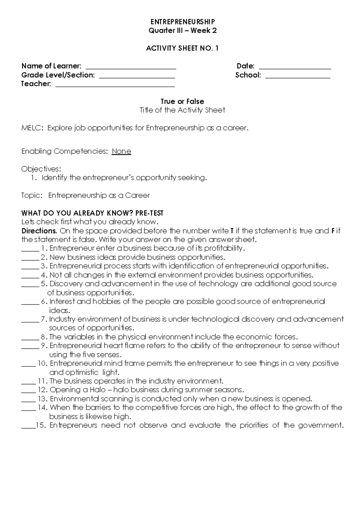 Activity Sheet 2 - Entrepreneurship - 3rd Quarter - JAO - Career ...