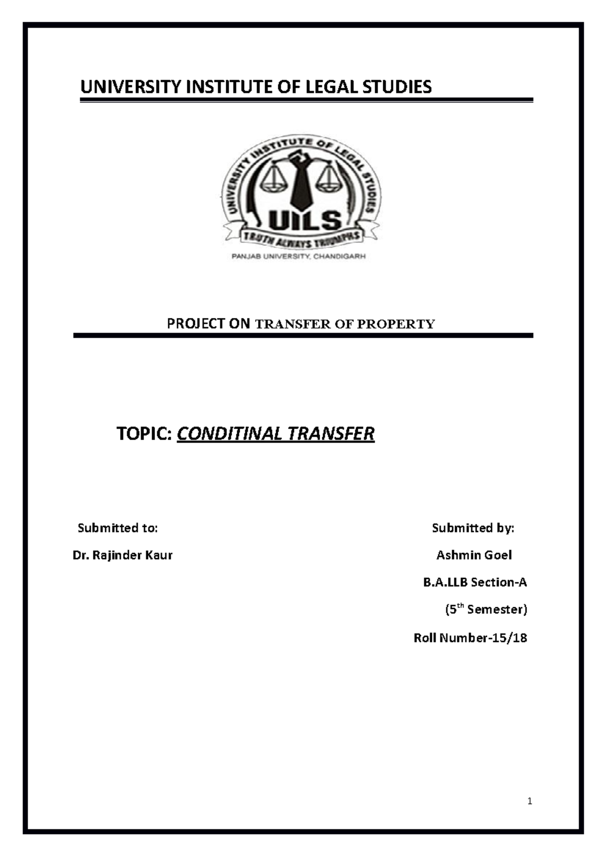 Sem-5 Project on Conditional Transfer of Property (TPA) - Studocu