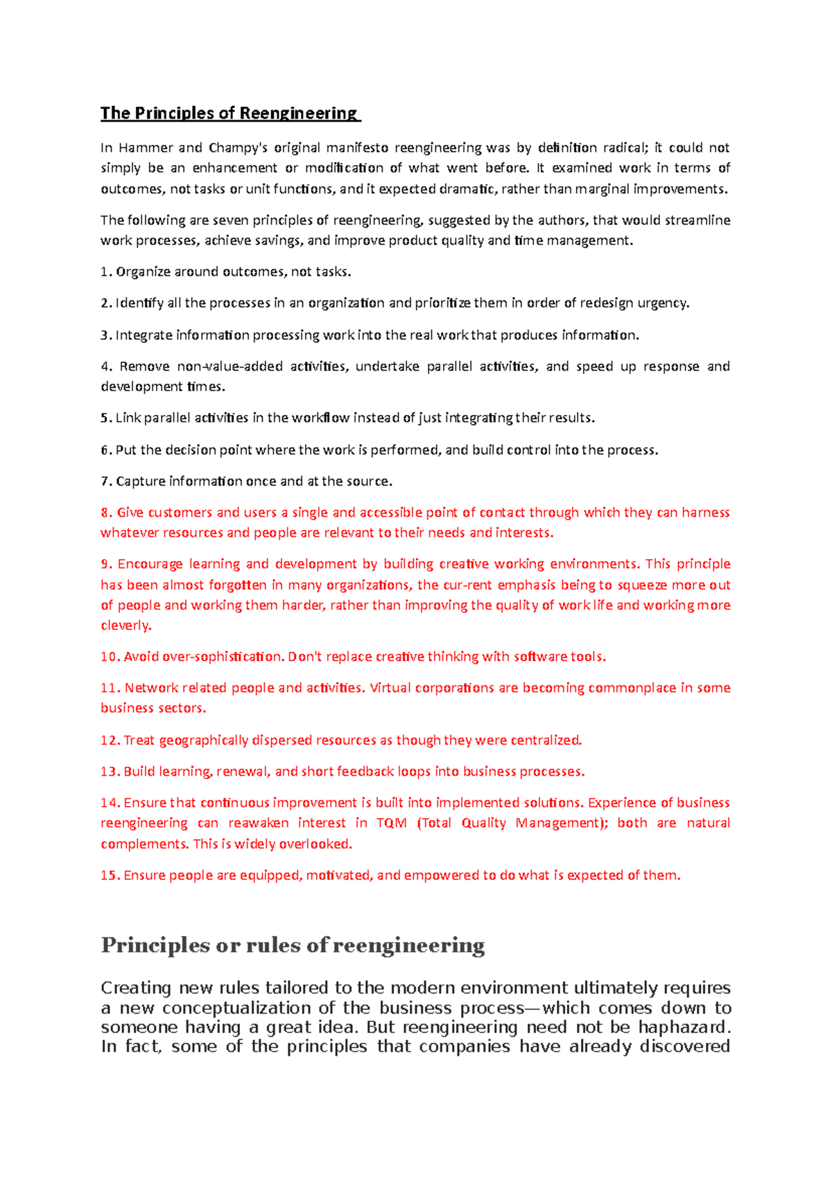 Rules BPR - Lecture notes for MBA - The Principles of Reengineering In ...