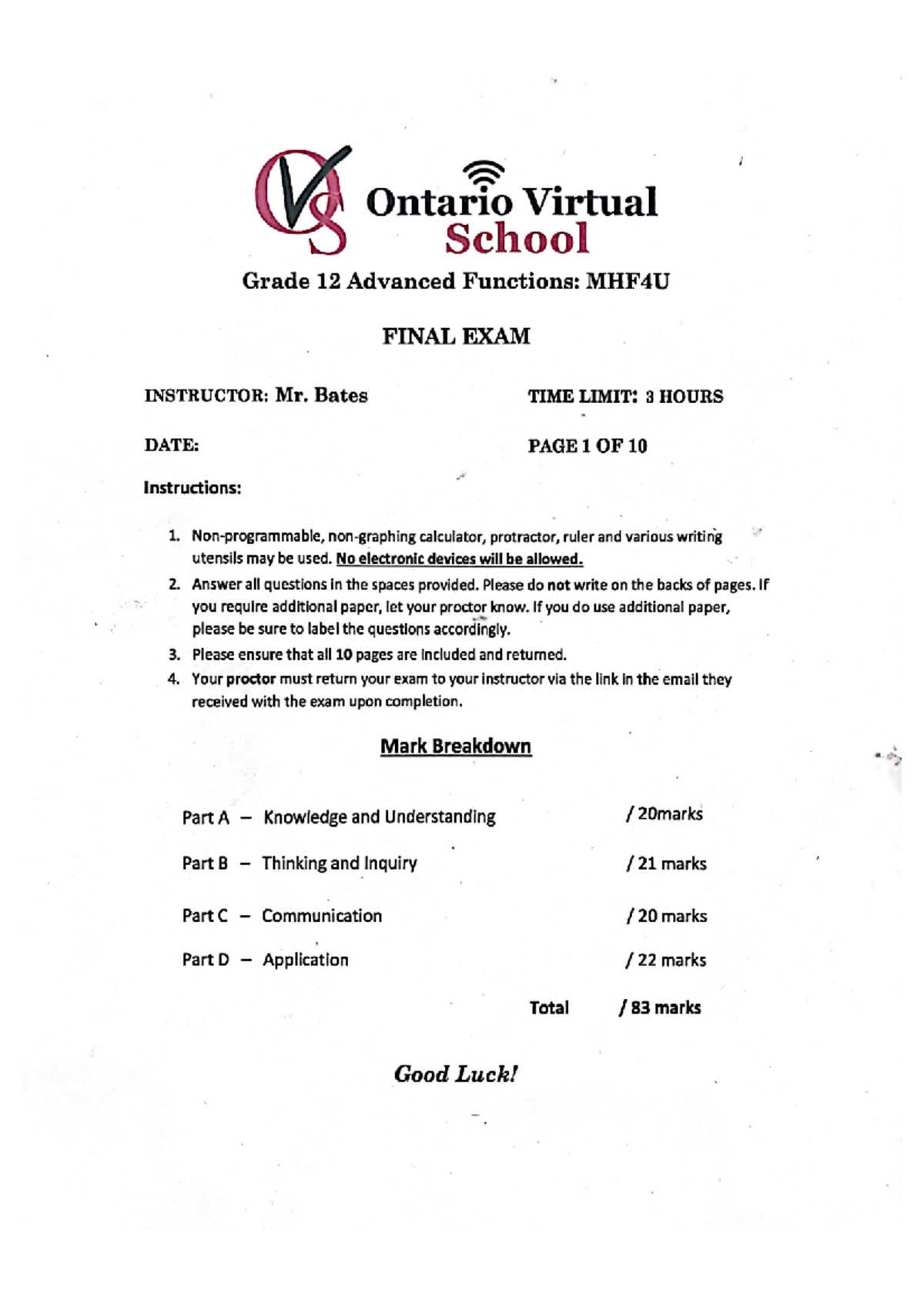 MHF4U Grade 12 Advanced Functions Final Exam - Mr. Bates - Studocu