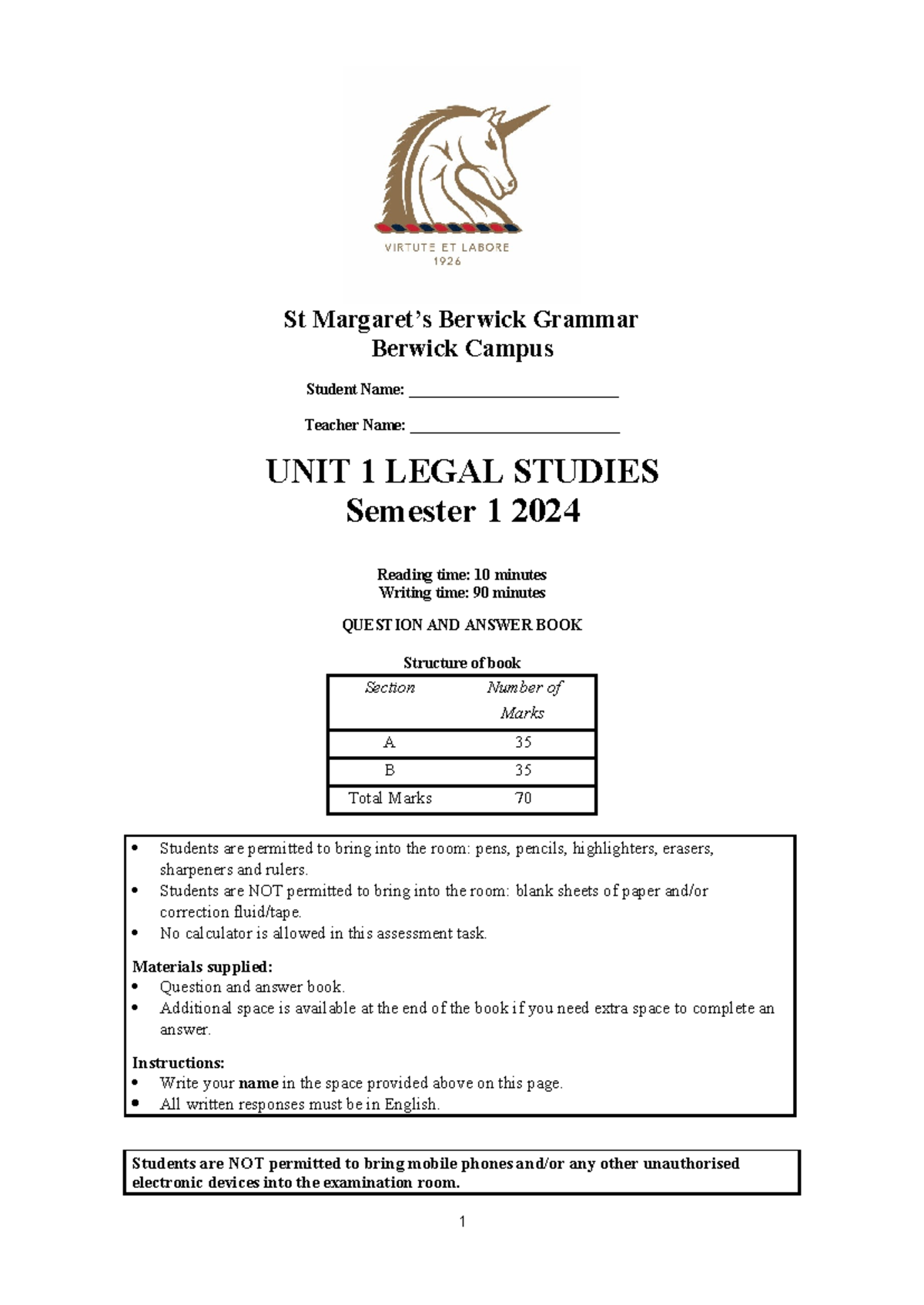 Unit 1 Legal Studies Exam 2024: Question & Answer Book - Studocu