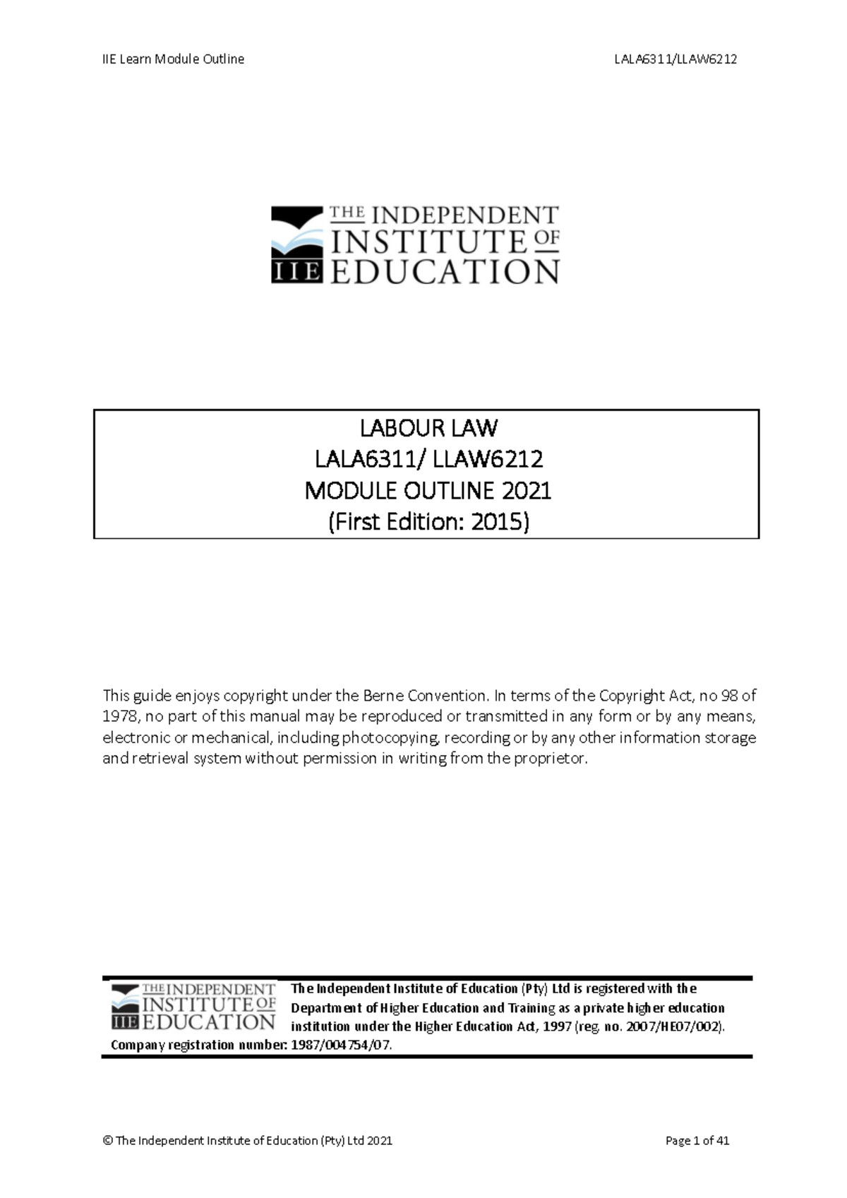LALA6311 / LLAW6212 Labour Law Module Outline - Semester 1 Guide - Studocu