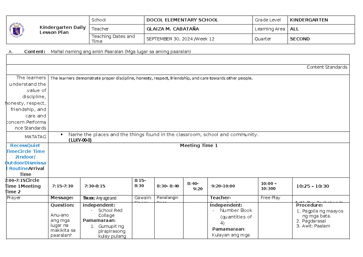 Kinder-New-DLL week12 day1 - Kindergarten Daily Lesson Plan School ...