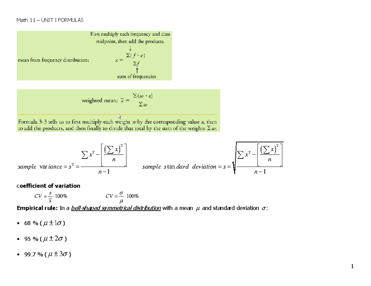 AA Math 11 – Unit I Formulas-1 - Math 11 – UNIT I FORMULAS 1 ( 2 ) 2 2 ...