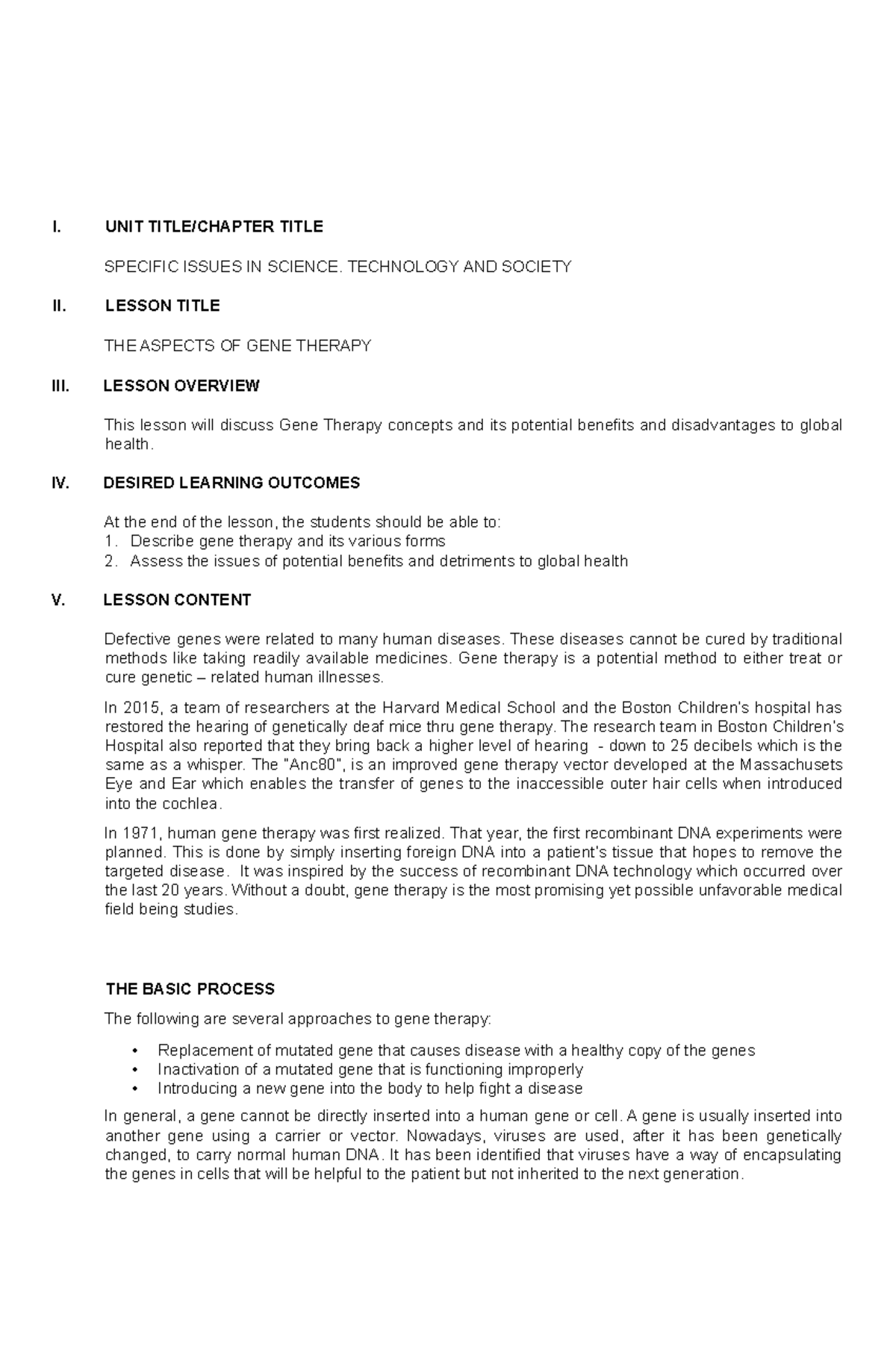 STS Lesson 14: Understanding Gene Therapy's Impact and Approaches - Studocu