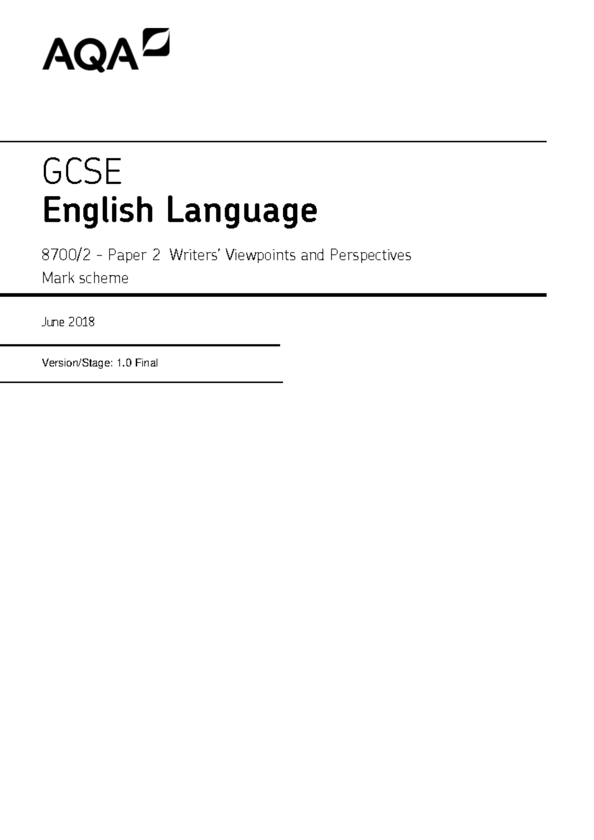 GCSE English Language Paper 2 Mark Scheme June 2018 Final Version - Studocu