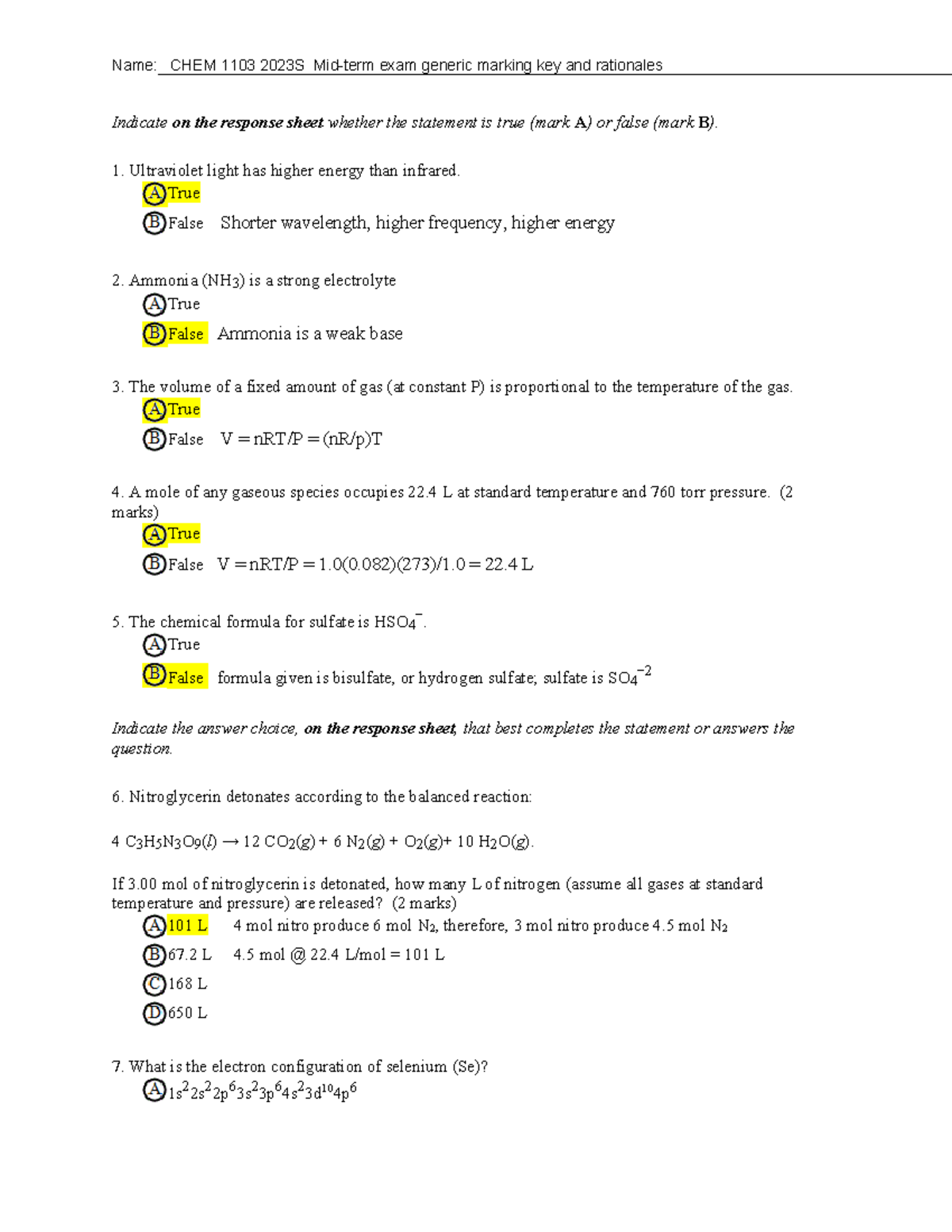 CHEM 1103 Midterm Exam 2023 Marking Key and Rationales - Studocu