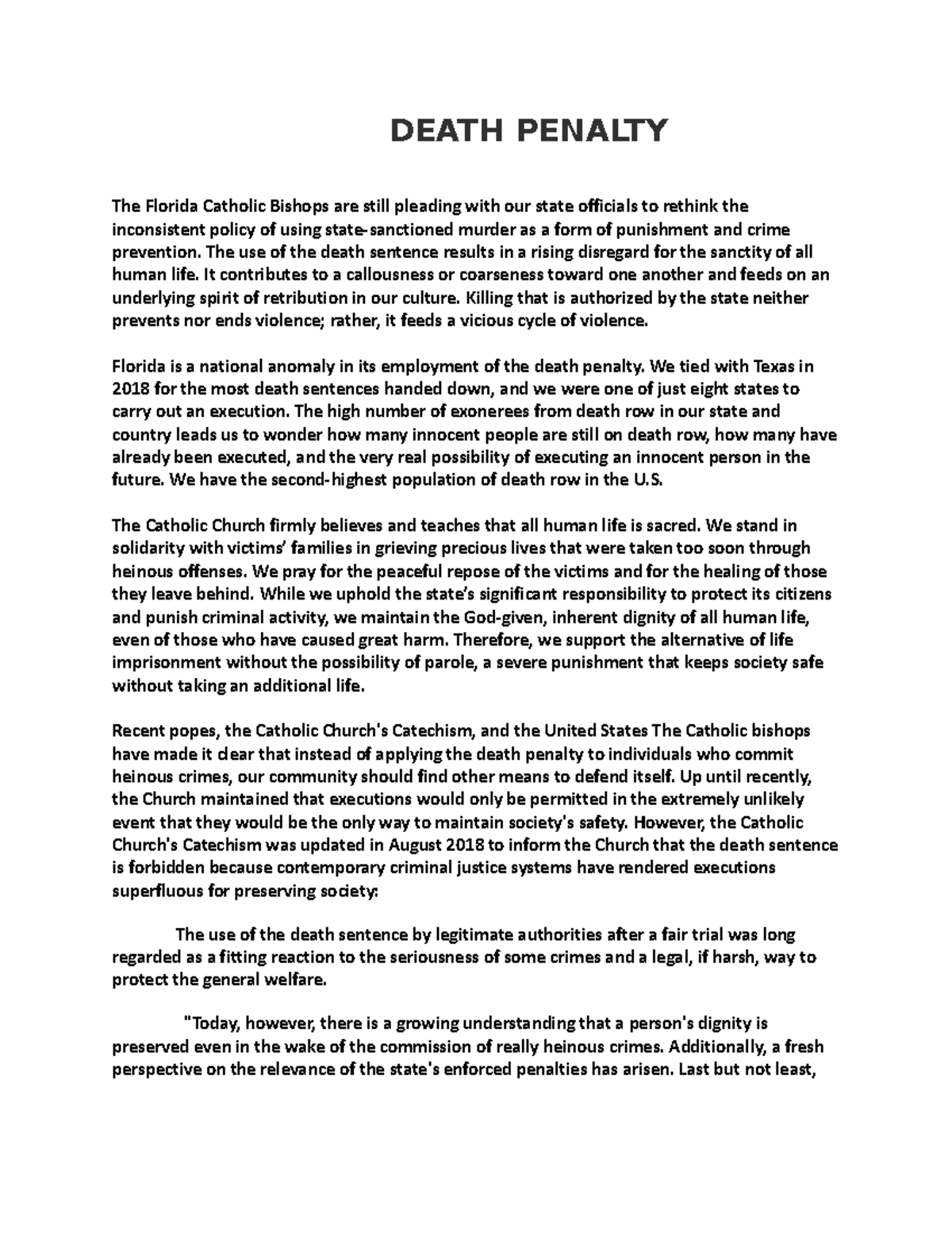 Position Paper Death Penalty - DEATH PENALTY The Florida Catholic ...