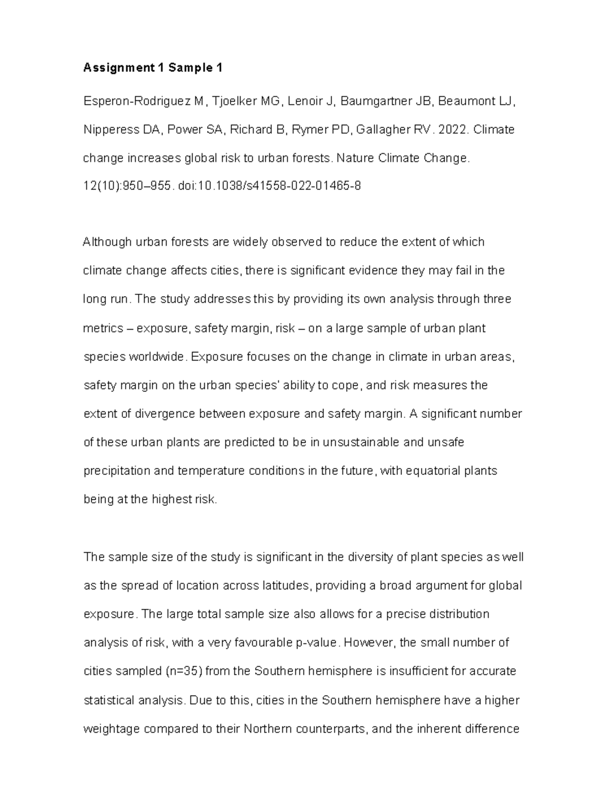 Assignment 1 Sample 1 - Urban Forests & Climate Change Analysis - Studocu