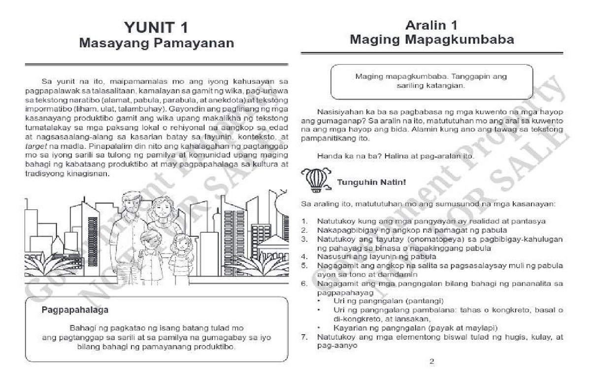 Filipino Q1 BOOK - YUNIT 1 Aralin 1: Masayang Pamayanan at Kasasayan ...