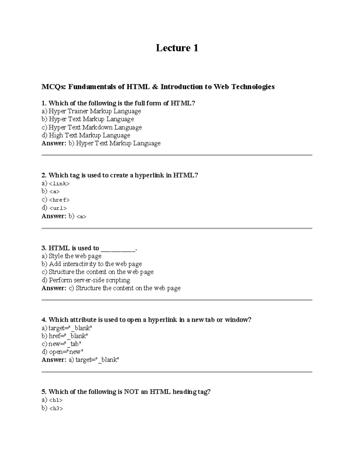 CSE326: Lecture 1 MCQs on HTML Fundamentals and Web Technologies - Studocu